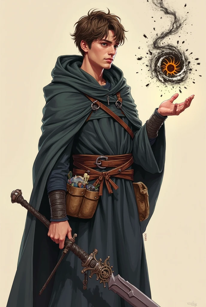 A detailed fantasy illustration of a young wizard wearing dark layers ...