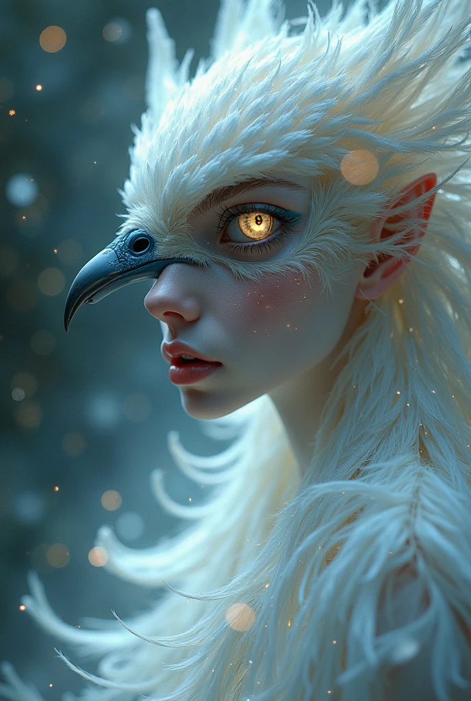 A fascinating close-up of a beautiful little bird, The humanoid looks ...