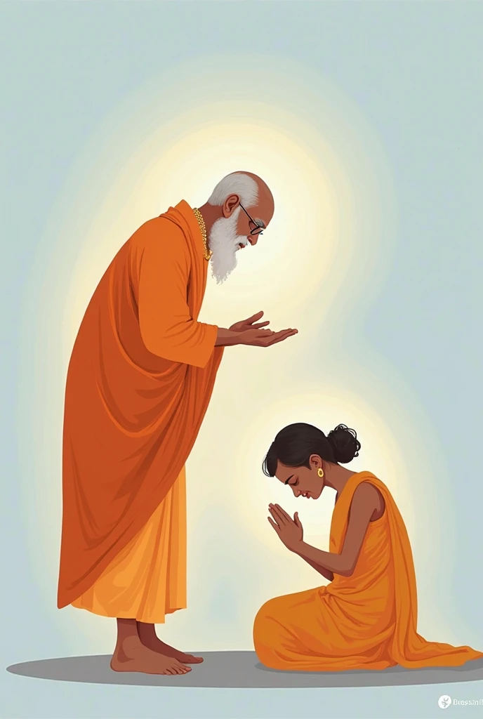 “A spiritual guru in orange robes blessing a devotee bowing at his feet ...