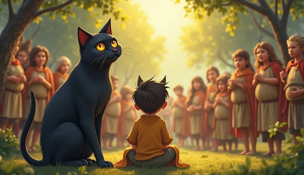 A close-up of the black cat sitting proudly beside a relieved child in ...