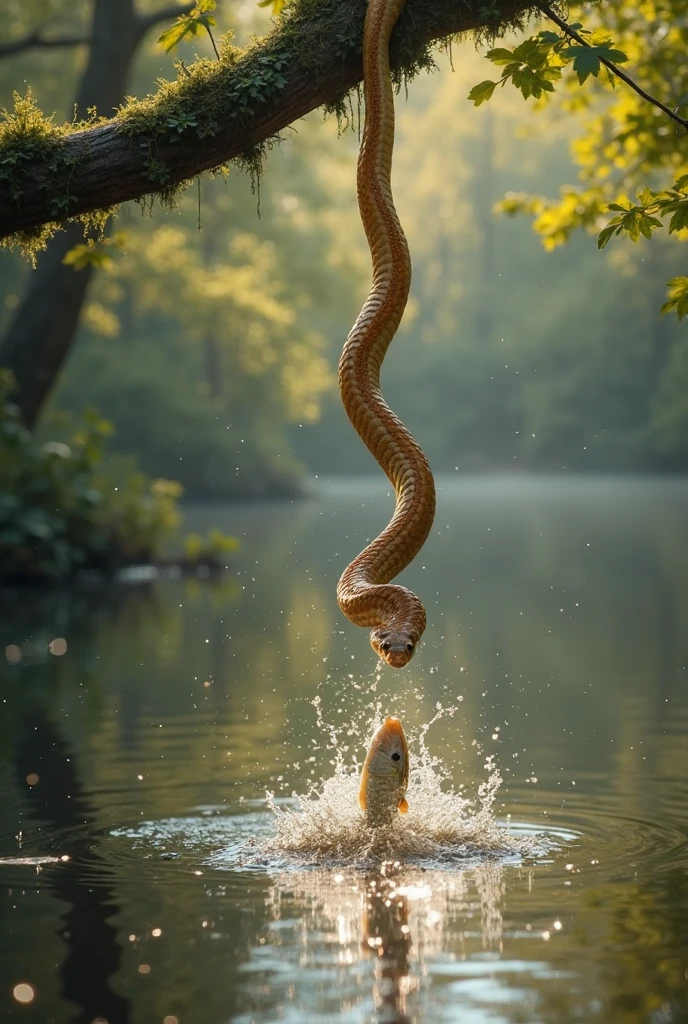 A realistic cinematic scene set in a peaceful forest near a calm lake ...