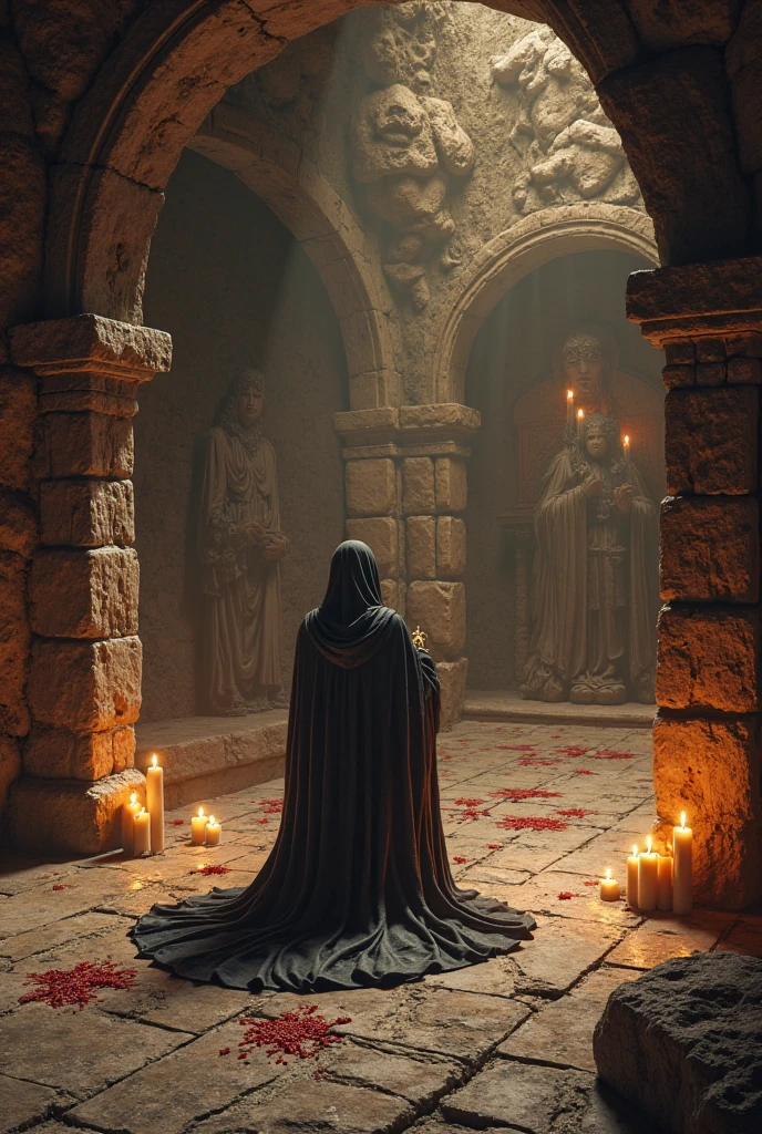 Ancient underground shrine with stone carvings of vampires, candles ...