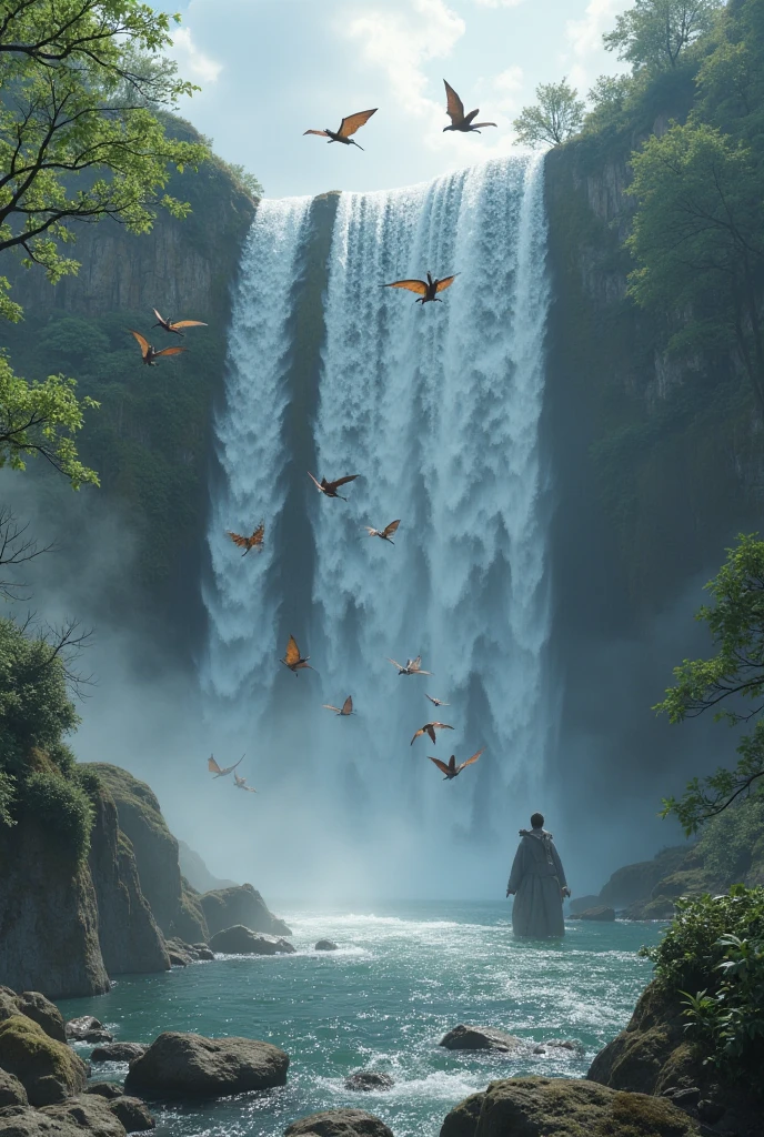 Live-action、Mysterious Big Waterfall、Many very small dragons fly over ...