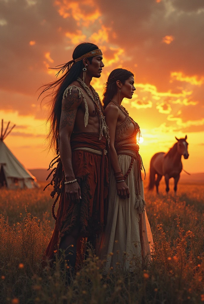 Mysterious sunset sky 、 native american、 man and woman、horse - SeaArt AI