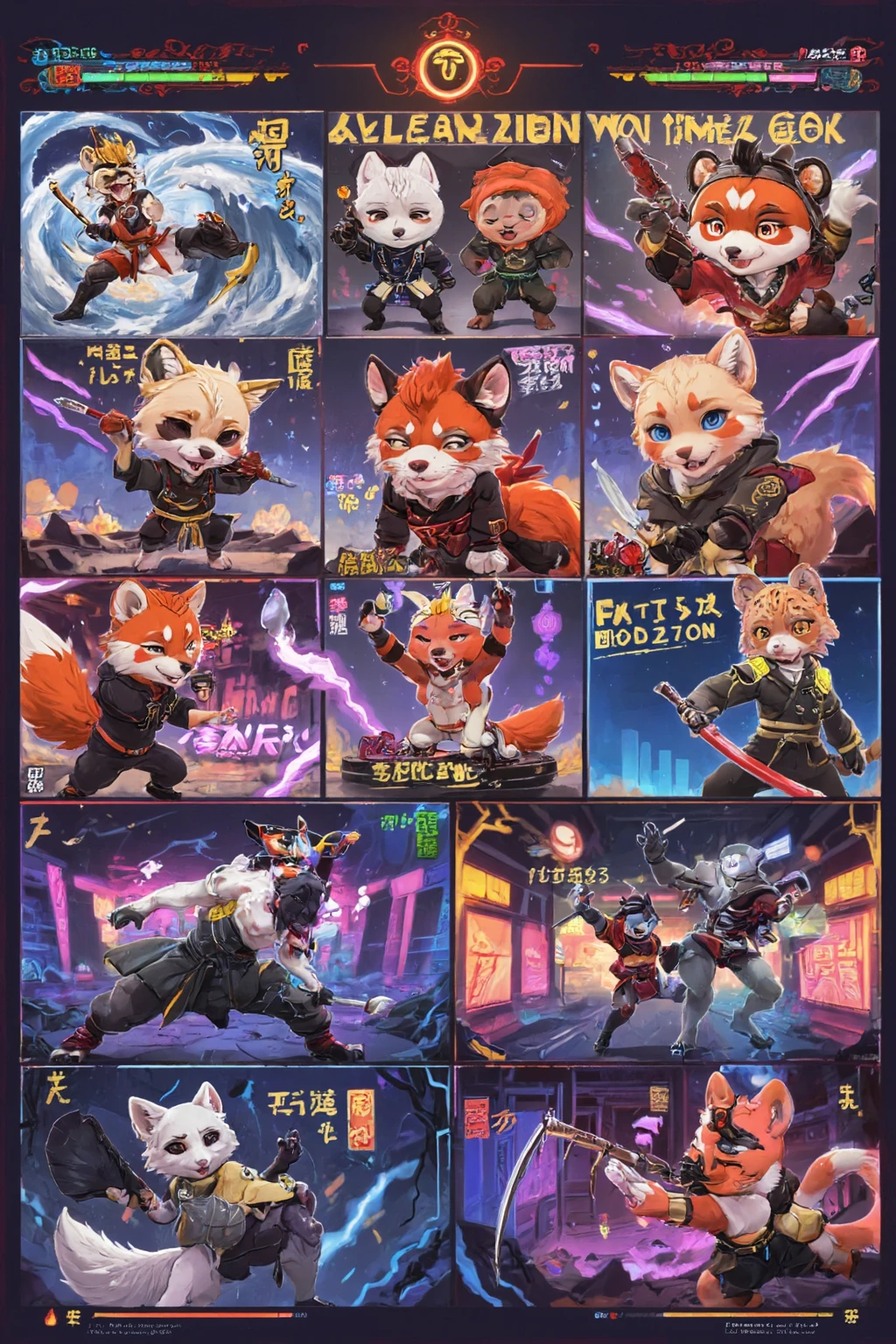 Cute 3D anime, A fighting game selection screen style design - SeaArt AI