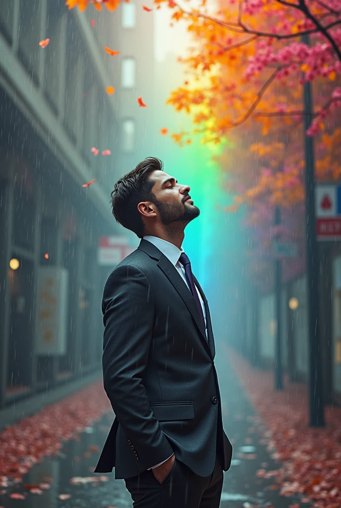 Man standing in monochrome grey rain, but vibrant colors slowly ...