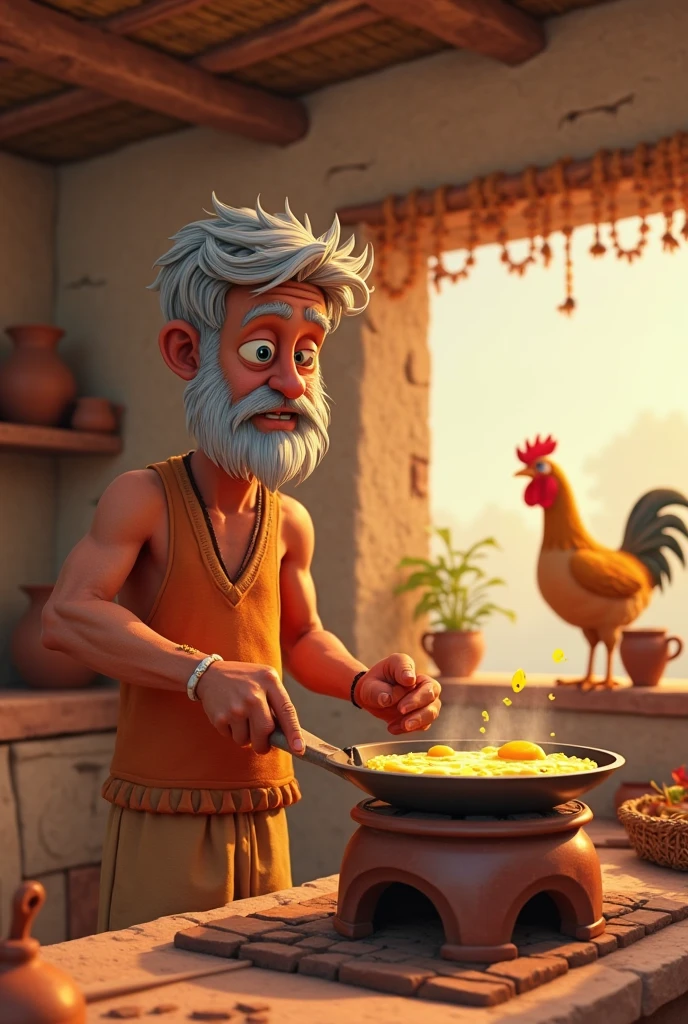 "3D cartoon Indian kitchen 45 year old , farmer cooking omelette in pan ...
