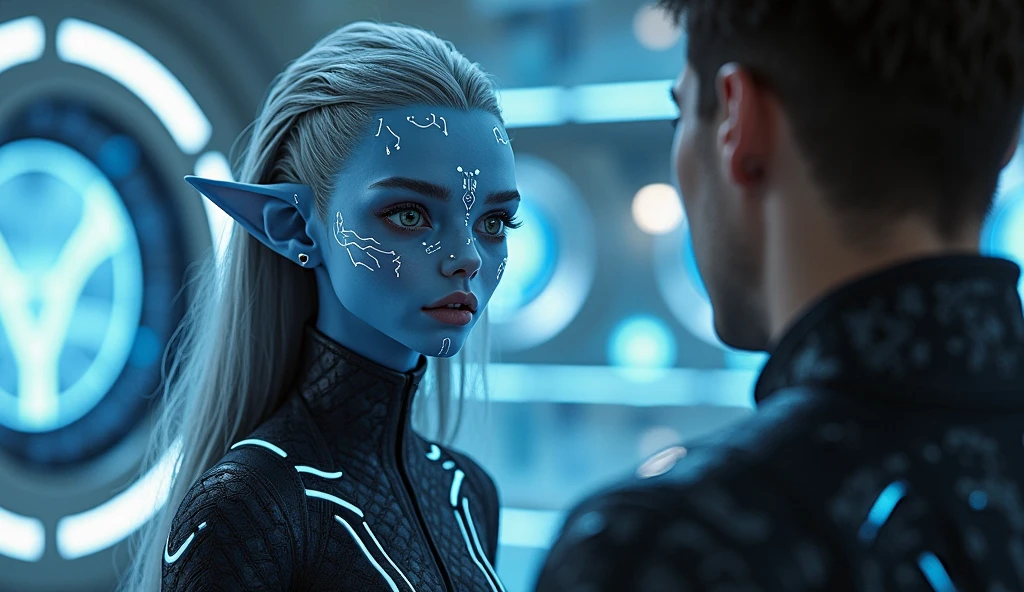 A breathtakingly beautiful young alien girl with glowing smooth blue ...