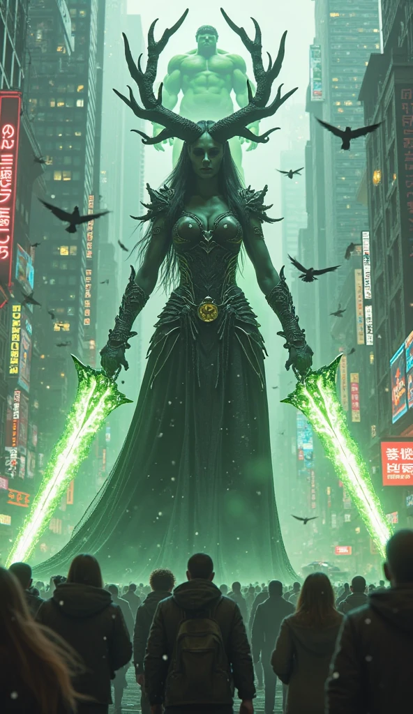 Realistic Hela with branch black horns in giant size walking in neon ...