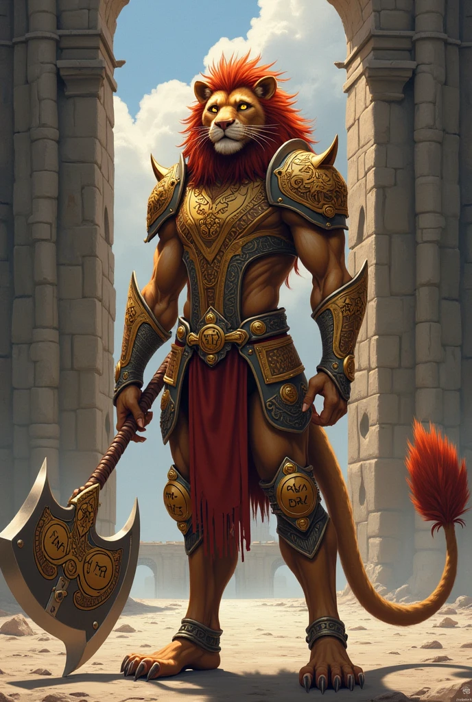 A fierce, slim anime-style young lion-human hybrid stands tall before ...