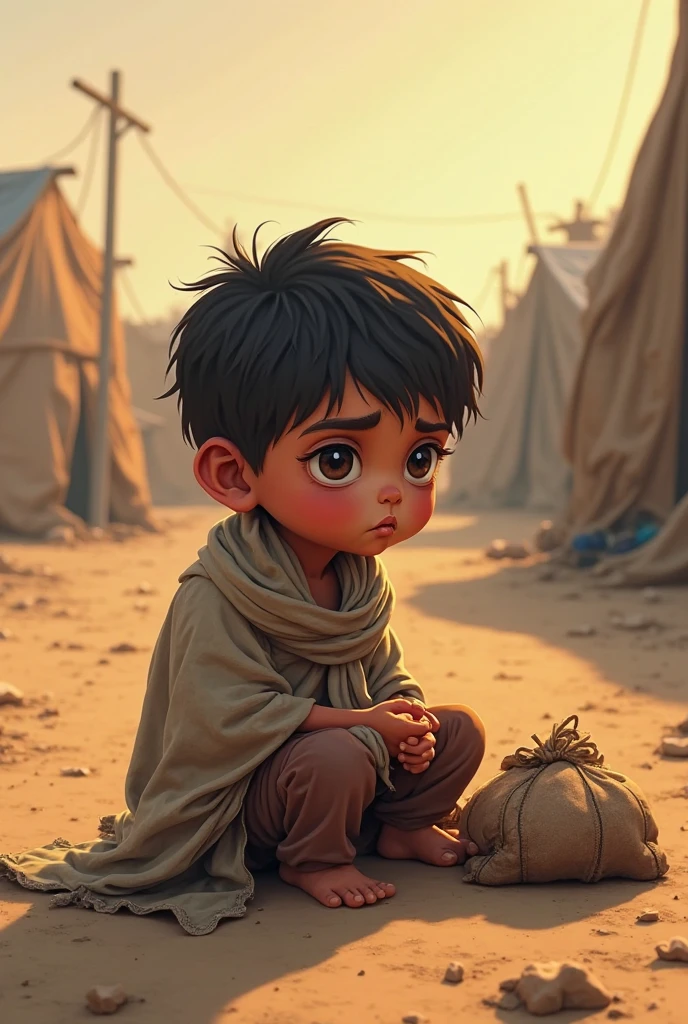 A small Rohingya boy sitting alone under a tree in a refugee camp ...