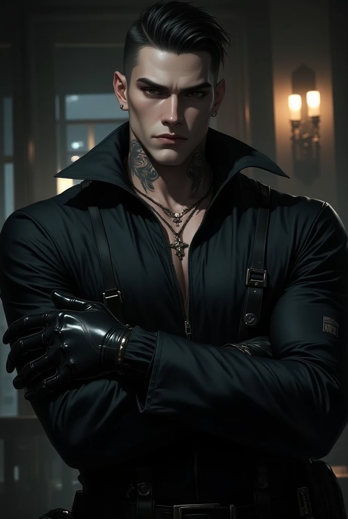Tall muscular man, sharp jawline, short dark hair, deep-set eyes ...