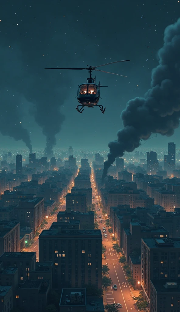 Aerial view of Springfield with lights off and smoke rising Helicopter ...
