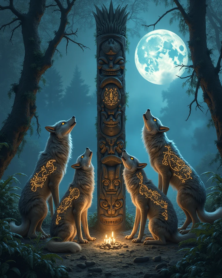 A pack of tribal wolves, each with unique glow-in-the-dark tribal ...