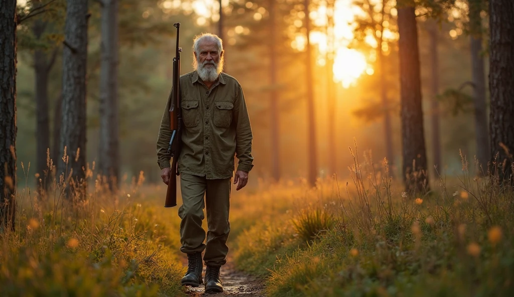 A wide, cinematic forest at sunrise, golden light spilling between tall ...