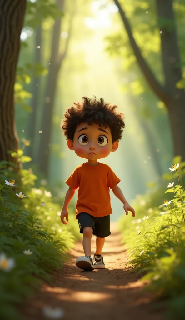 Wide-angle frontal shot of Tutul walking through the middle of a forest path - SeaArt AI