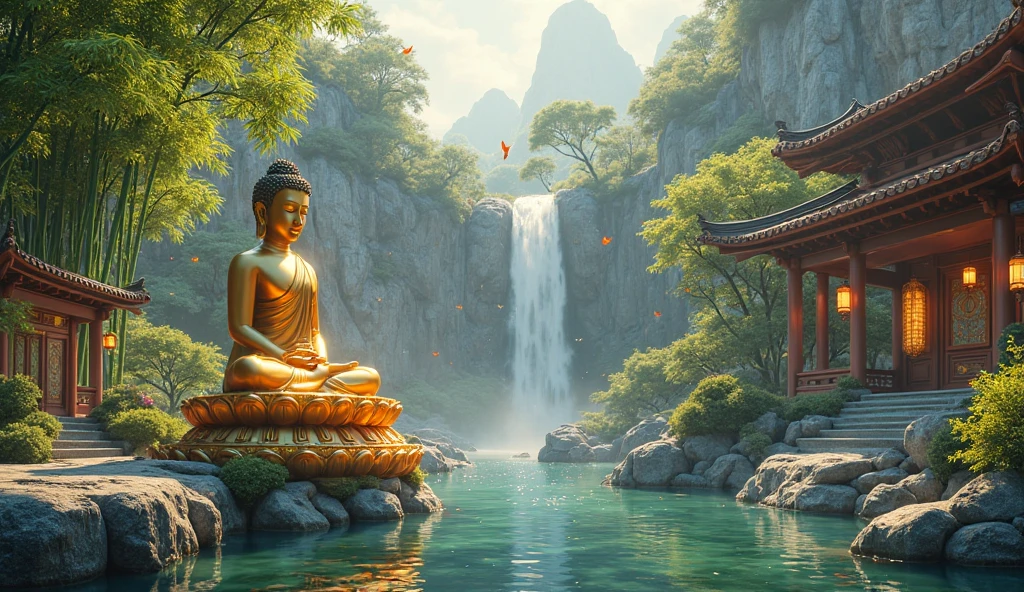 A peaceful Asian Buddhist temple garden with a large golden Buddha ...