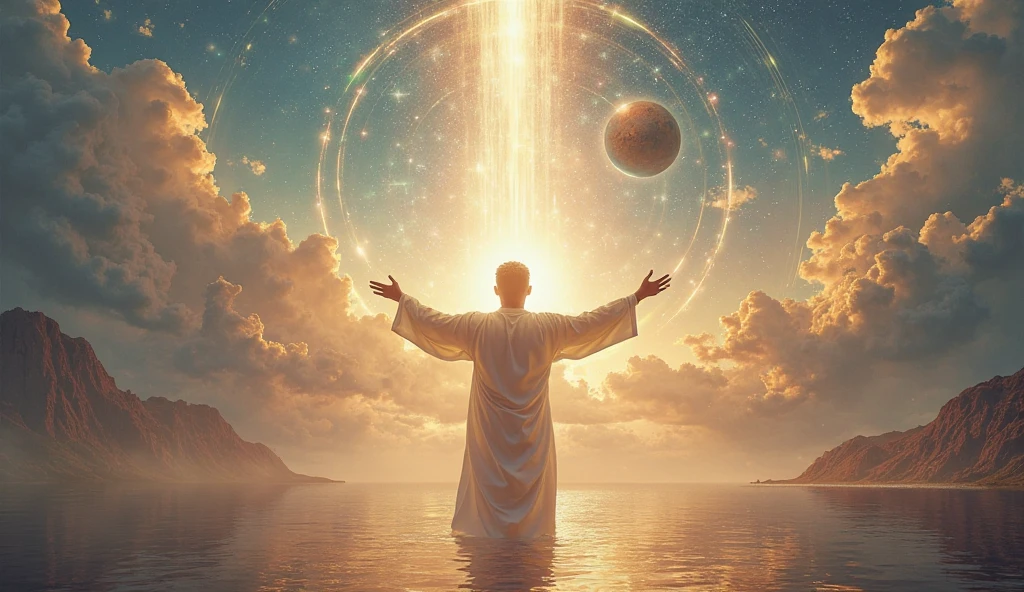 Man in spiritual evolution, with his back hands up in a magical and ...