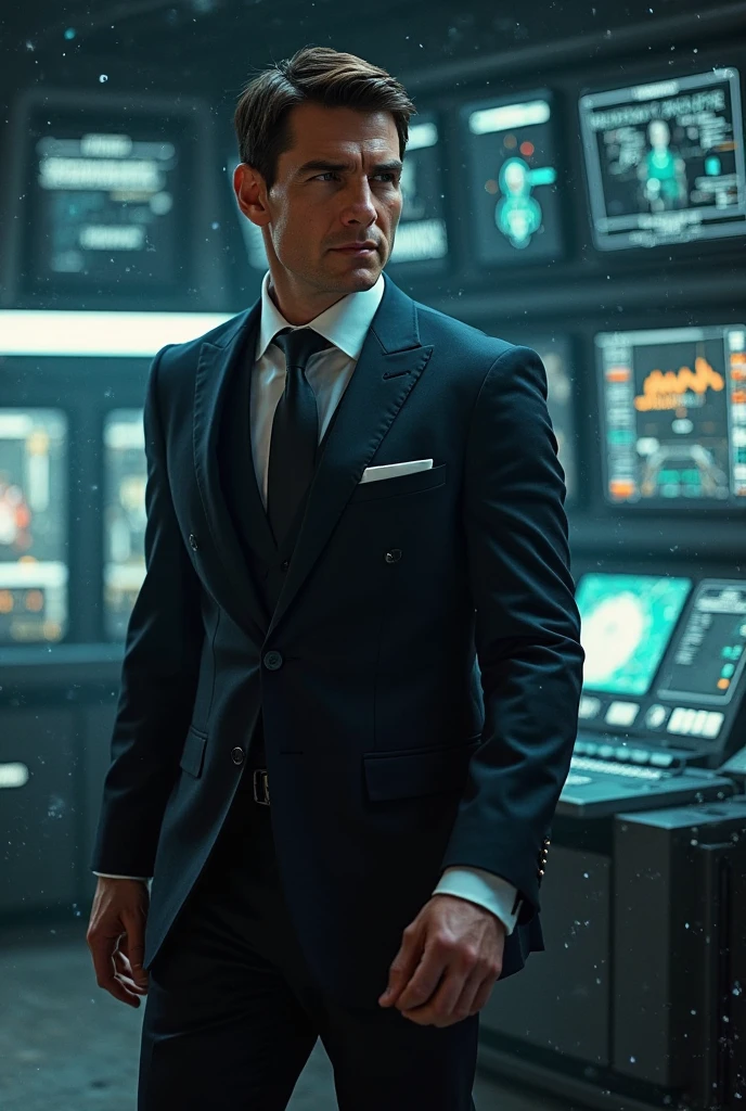 Tom Cruise as a legendary secret agent in a dark control room - SeaArt AI