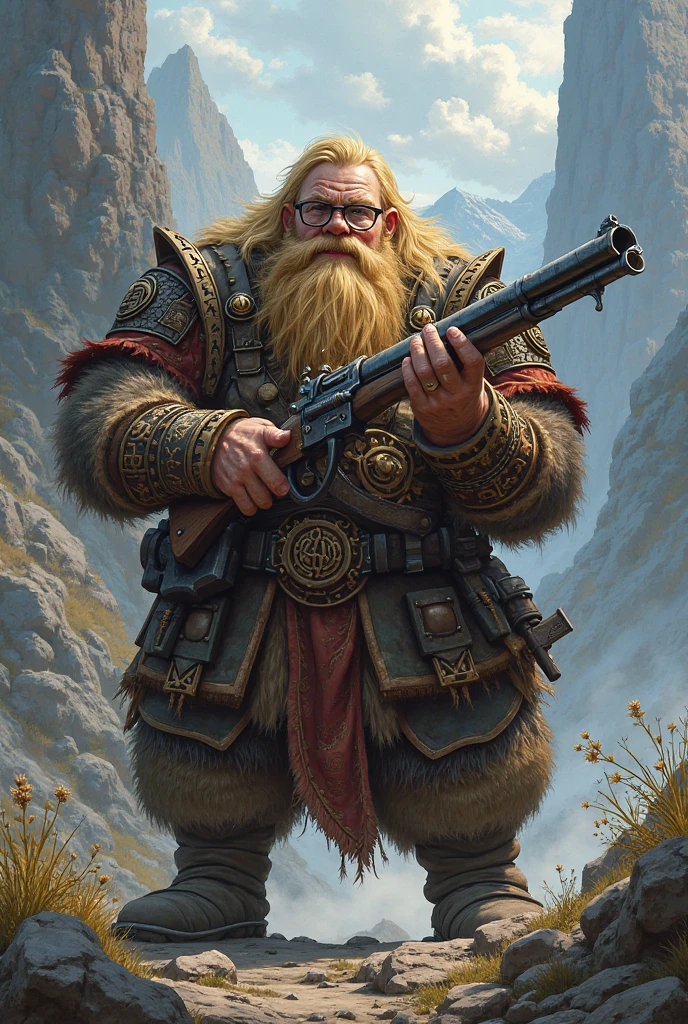 Dwarf, blond, long hair, musket, leather armor, glasses - SeaArt AI