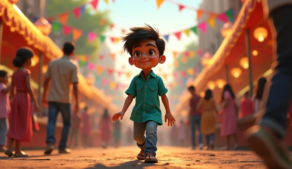 3D Disney Pixar-style Indian boy at a vibrant village fair, wearing a ...