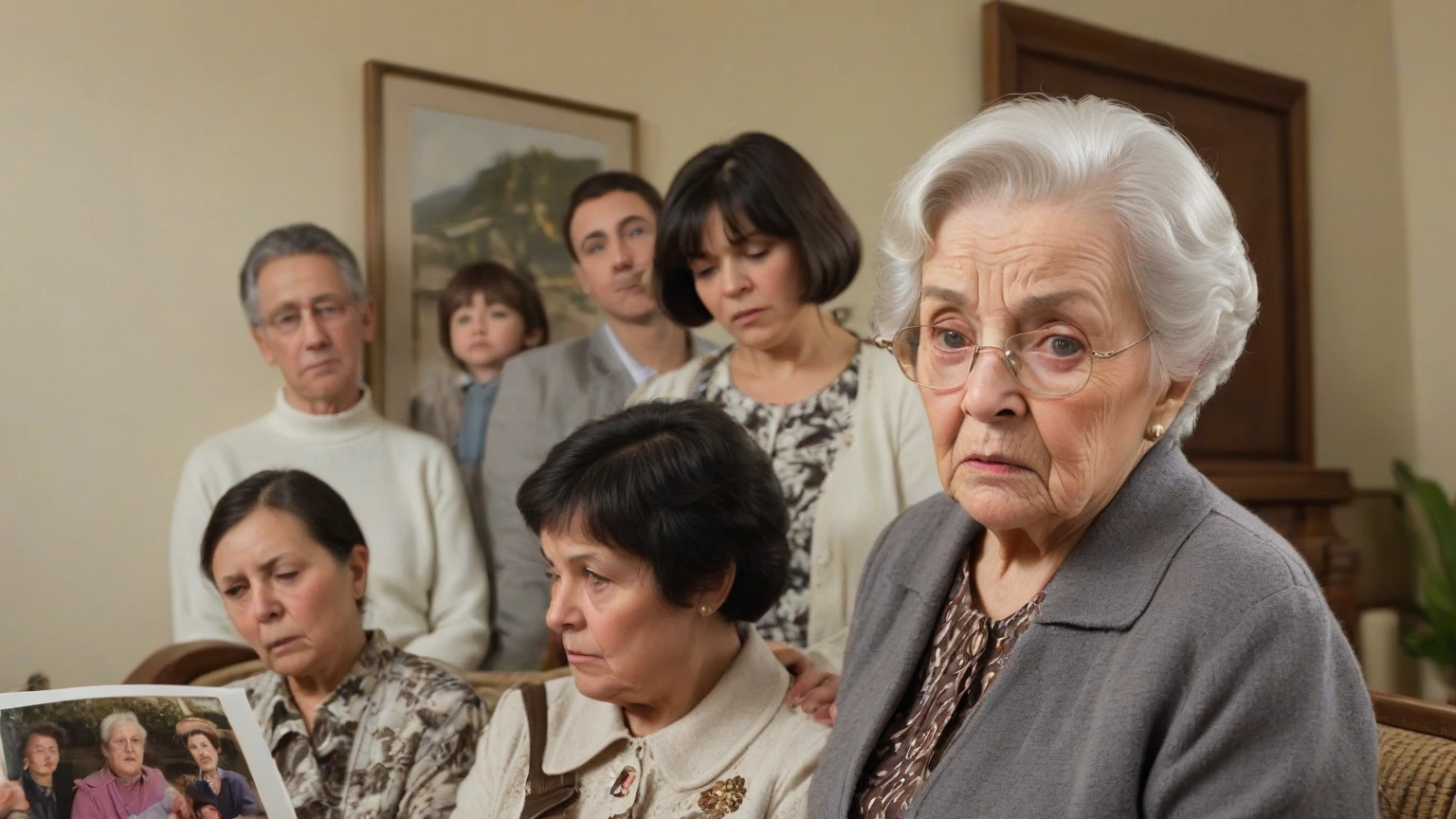 "Elderly woman staring blankly at family photo" - SeaArt AI