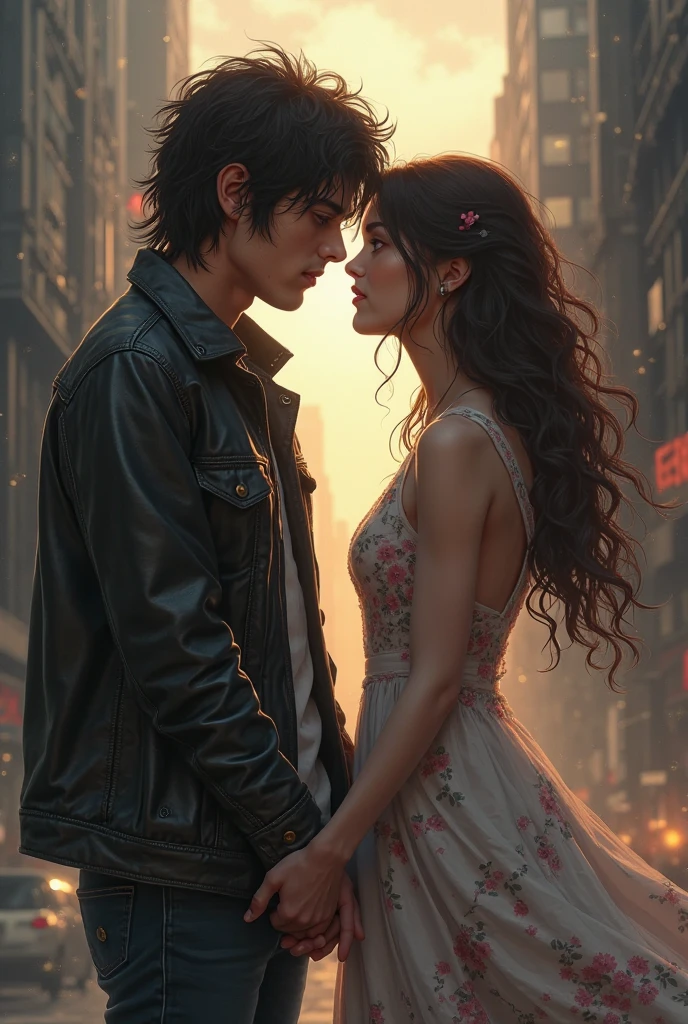 Create a picture with a rich bad boy and a brown-haired 1,65 m tall ...