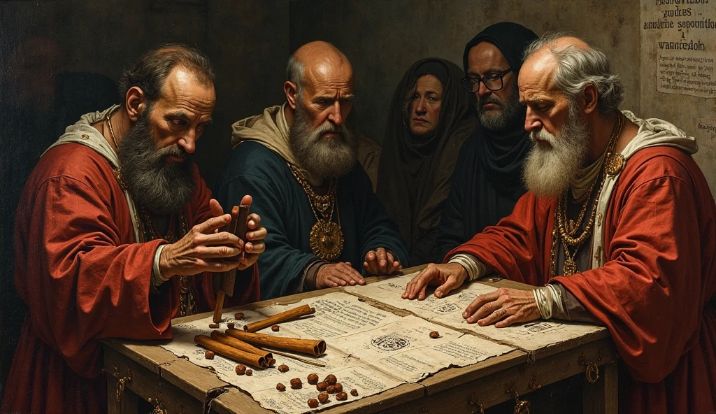 "Renaissance-style painting showing ancient priests hiding sacred ...