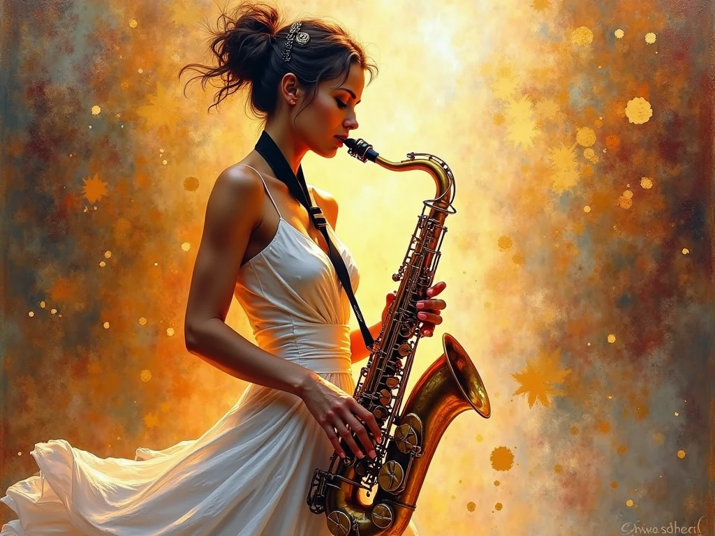 Create a vibrant, impressionistic painting of a woman playing the ...