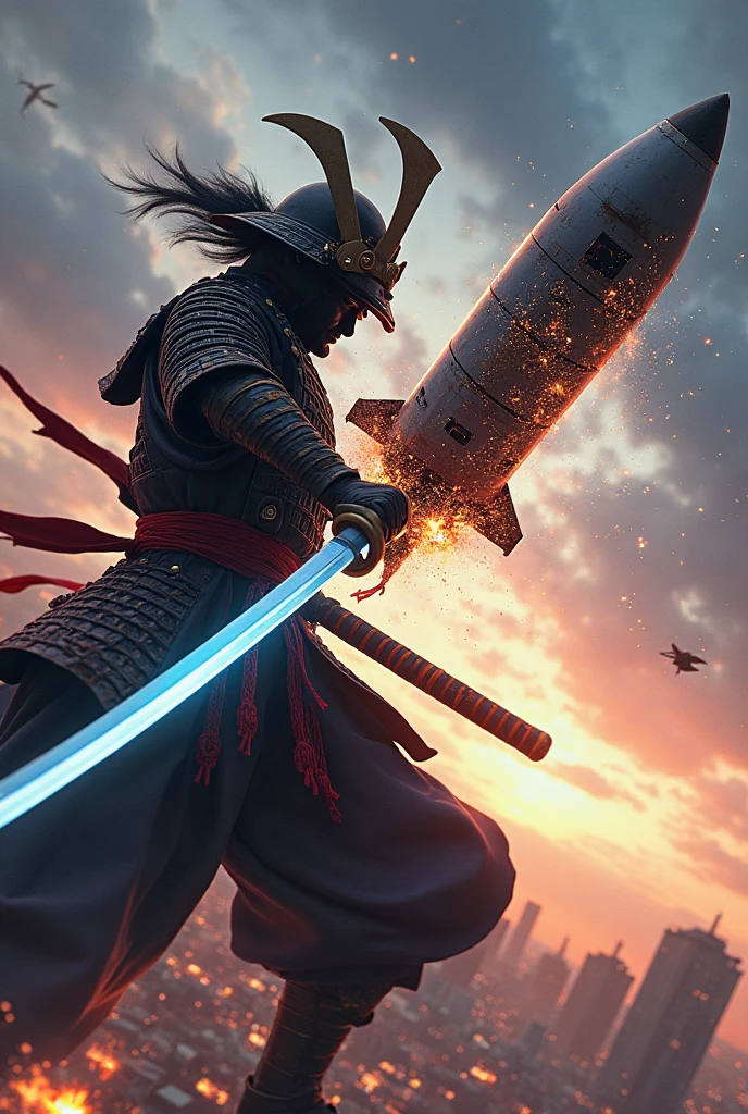 Epic action scene of a master samurai in traditional armor slicing a ...