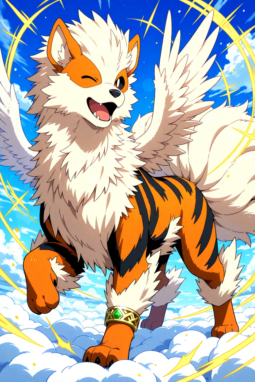 フワフワの毛皮、4本の足は人間らしくない,雲の上で、多くの尾と翼を持ち、頭に角の輪をつけた人ならざるアーケインが、口を開けてウィンクしながら ...