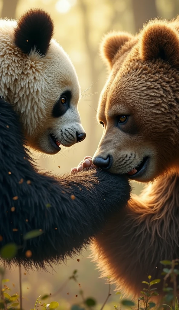 Close-up of panda grabbing bear’s paw in a power struggle, intense ...