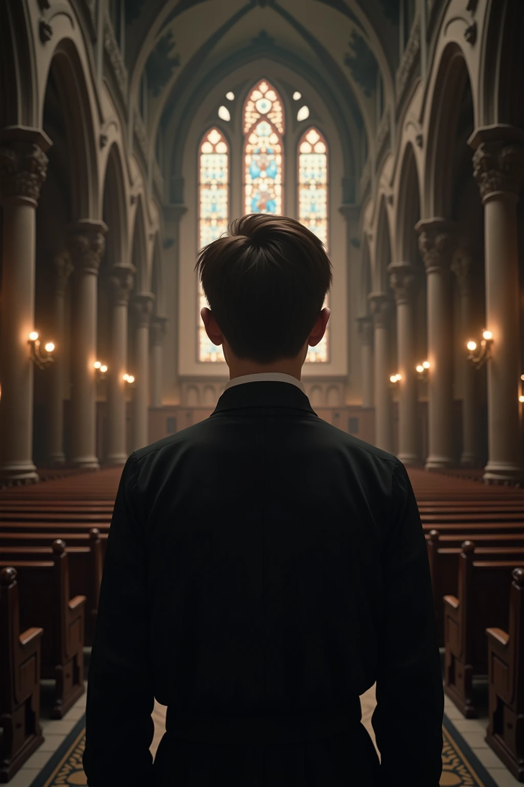 Close up Realistic image of empty catholic church and a young catholic ...