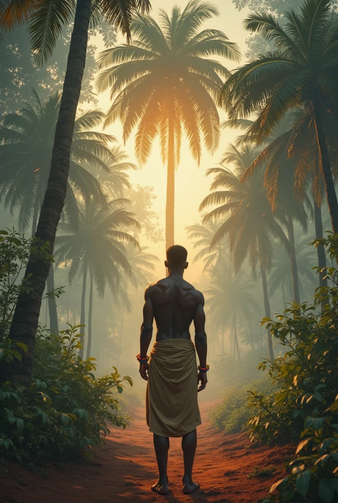 A young Igbo man with muscular build, wearing a simple raffia cloth ...