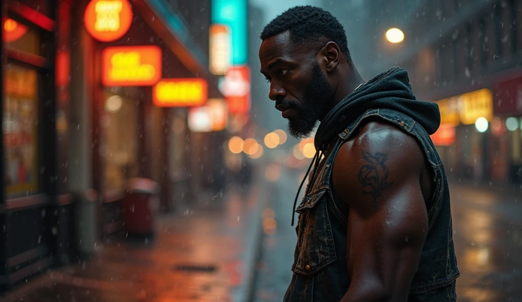 A muscular Black man with a weathered hoodie and calloused hands walks ...