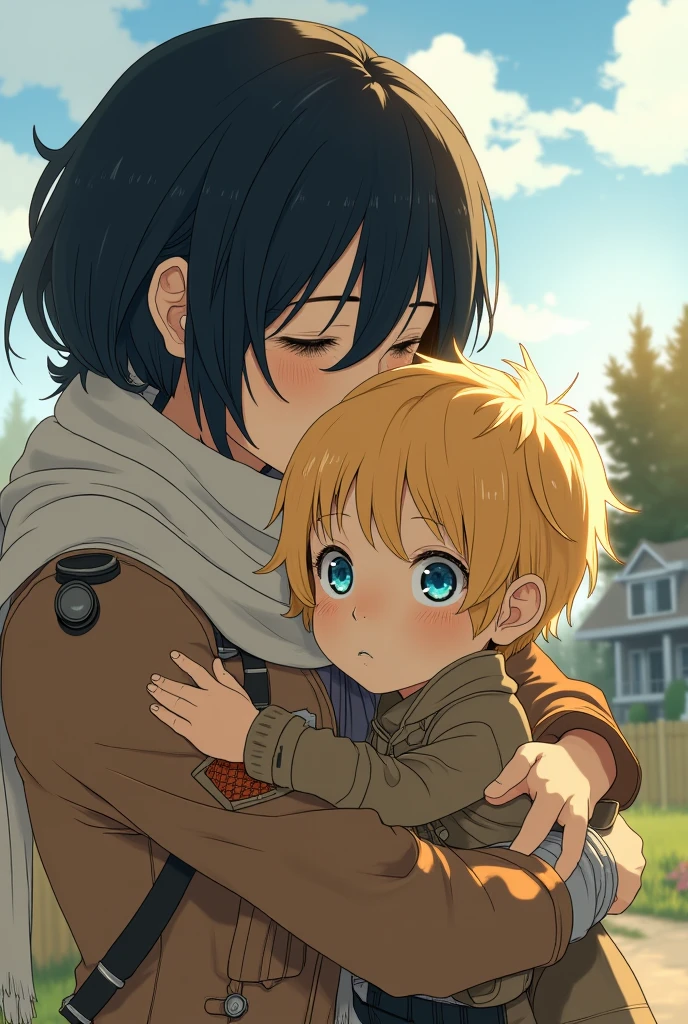 Mikasa from shingeki no kyojin hugging a kid, boy has blond hair and ...