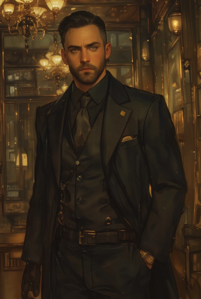 tall muscular man , pronounced jaw , Short, dark hair, sunken gray eyes ...