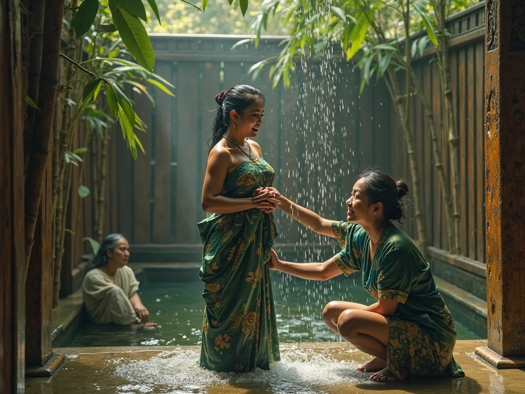 In a lush, enclosed Malay bathing pavilion surrounded by carved wooden ...