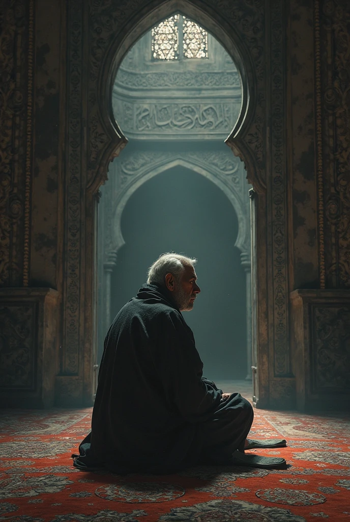 “A lonely elderly man sitting inside an old mosque at night, dim lights ...