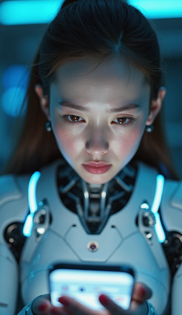Close-up ultra-realistic portrait of Eva, a beautiful humanoid robot ...