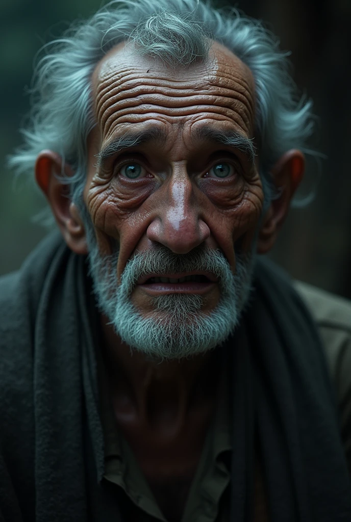 Only his eyes cry continuously, slow tears running down his wrinkled ...