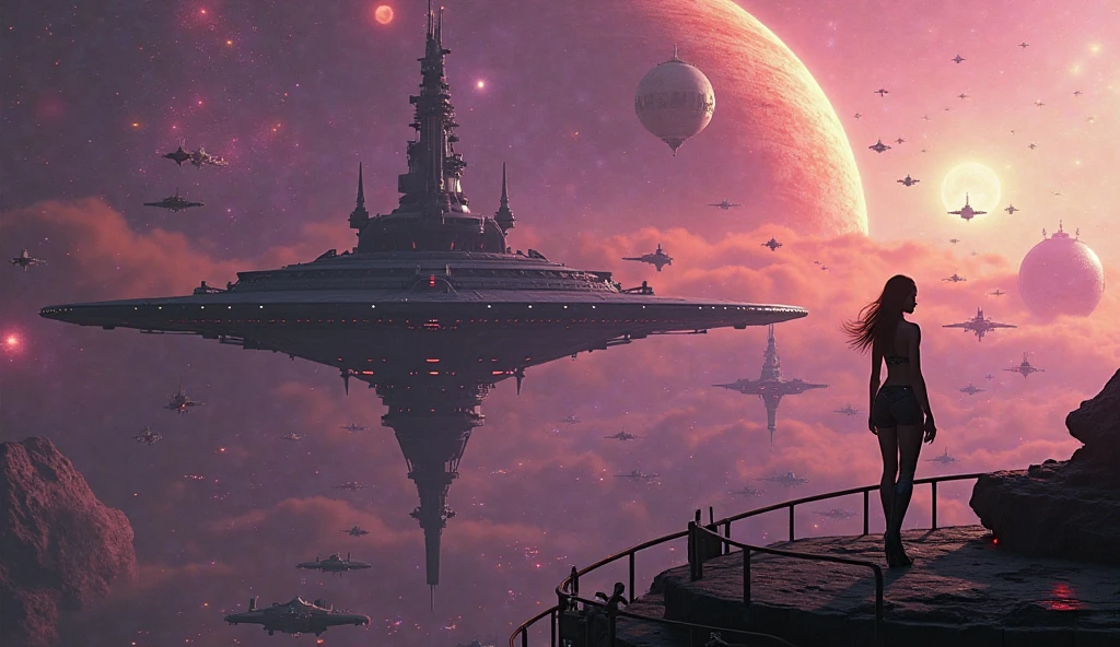 A massive, hyper-realistic sci-fi space battle fleet surrounds a ...