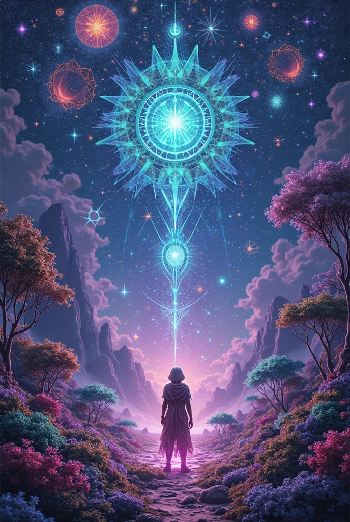 A surreal and vibrant psychedelic landscape under a cosmic night sky ...