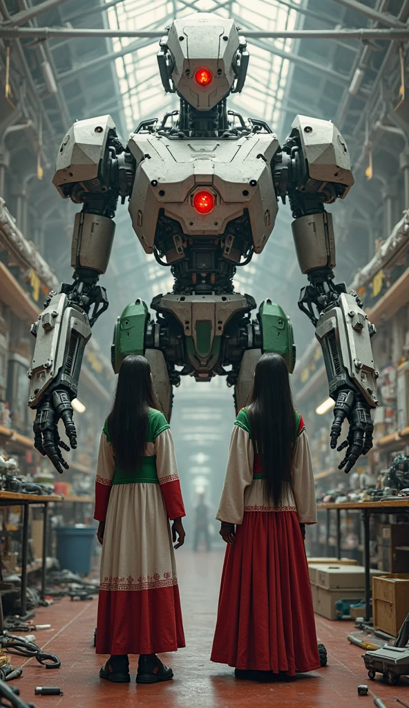 Two Iranian women are building a large robot with the Iranian logo on ...