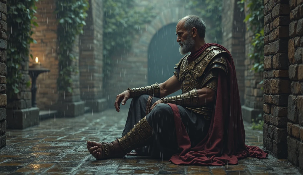 "A stoic warrior in ancient Roman armor sitting quietly in a stone ...