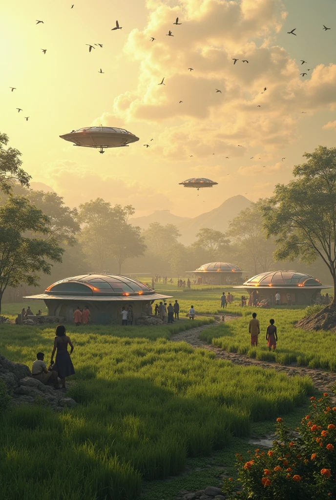 A futuristic Bangladeshi village at sunset, solar-powered huts - SeaArt AI