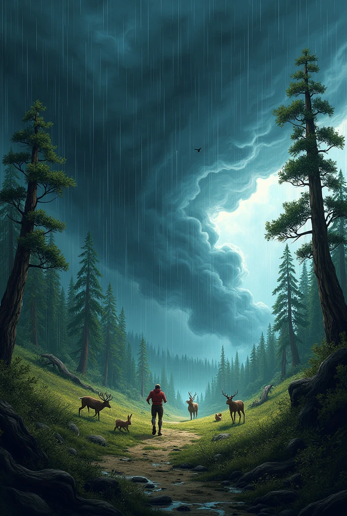 A violent storm starts in the forest Prompt: "Dark storm clouds over a ...