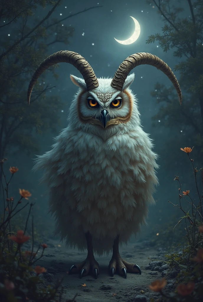 A mysterious and enigmatic owl with goat horns and on a dark night ...