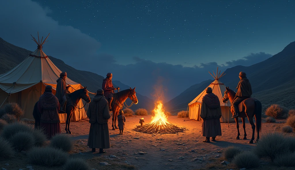 A small nomadic Turkish tribe camped in Anatolia, horses, tents - SeaArt AI