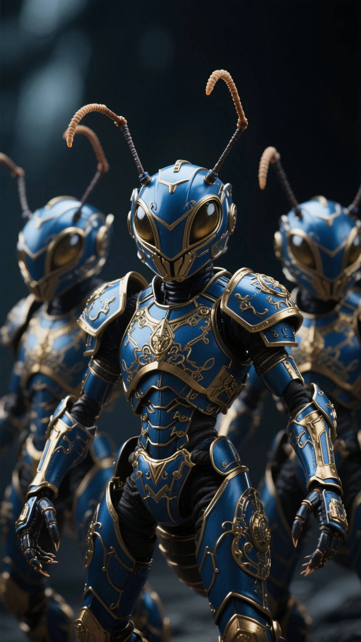 Three armored anthropomorphic ants, blue and gold armor, intricate ...